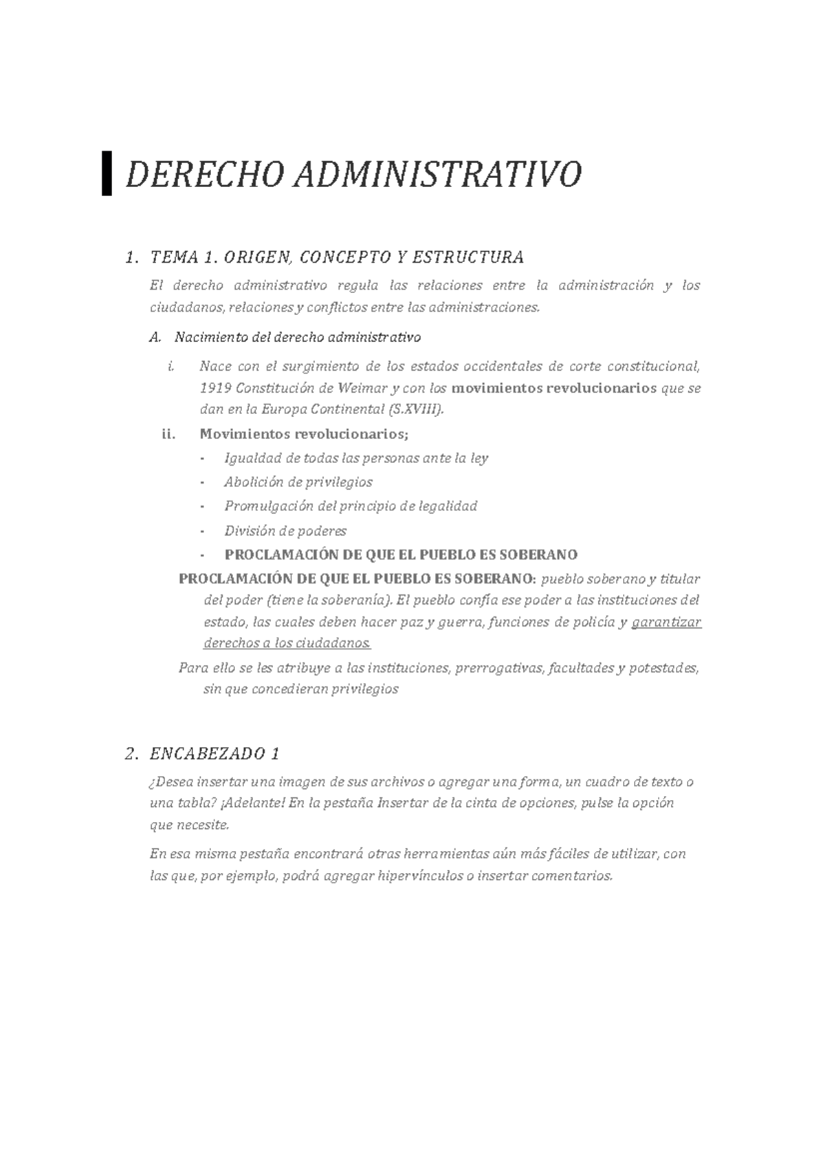 Derecho Administrativo - DERECHO ADMINISTRATIVO 1. TEMA 1. ORIGEN, CONCEPTO Y ESTRUCTURA El ...
