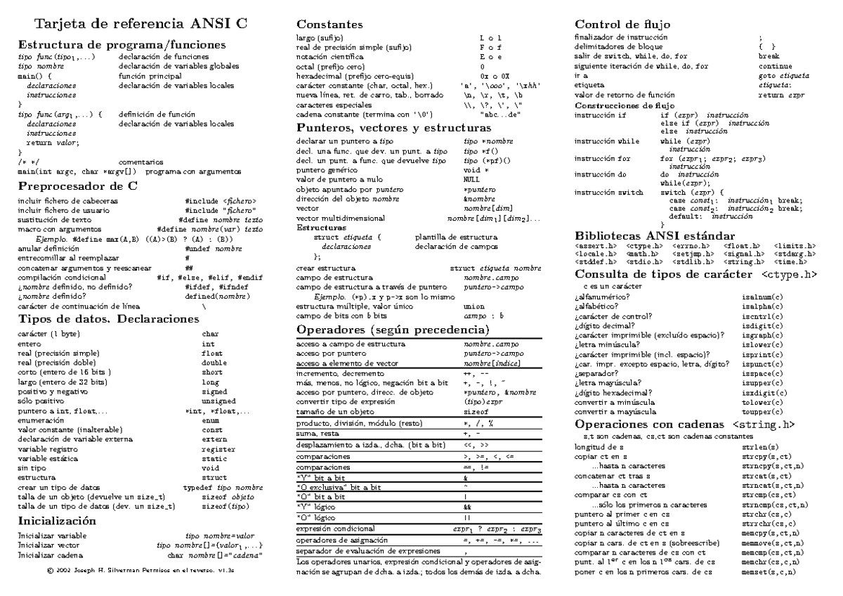 Tarjeta de referencia ANSI C LANGUAJE - Tarjeta de referencia ANSI C ...