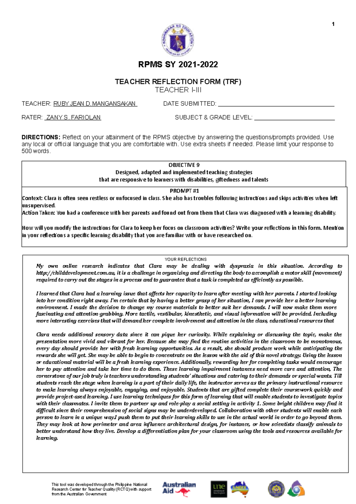 Appendix 4A Teacher Reflection Form for T I III for RPMS SY 2021 ...