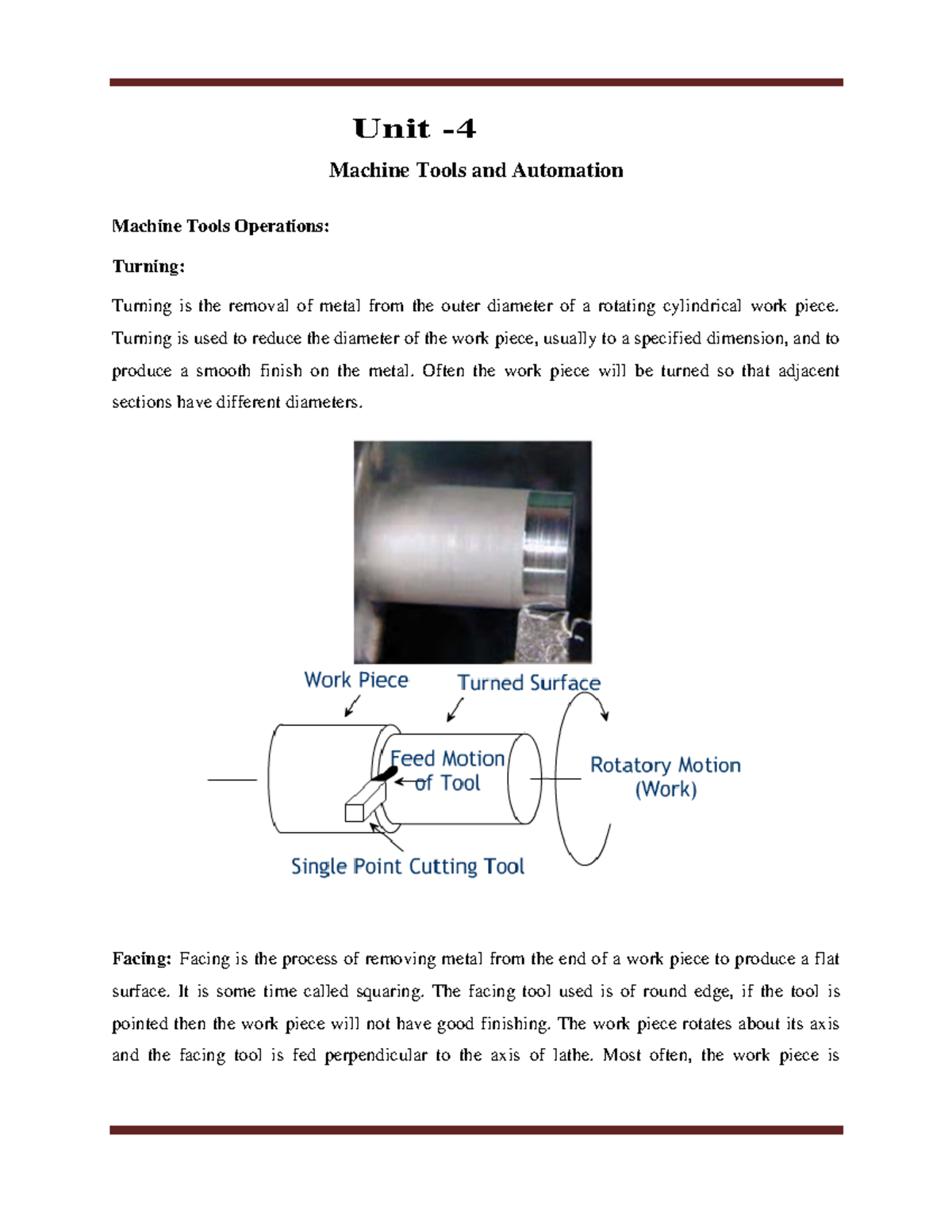 Unit 4- mechanical engineering - Machine Tools and Automation Turning ...