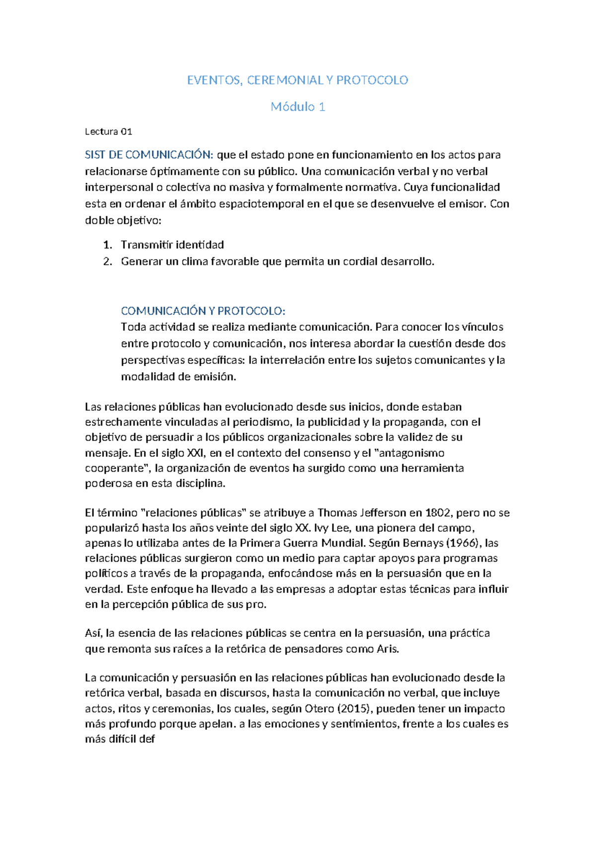 Eventos - resumen - EVENTOS, CEREMONIAL Y PROTOCOLO Módulo 1 Lectura 01 ...