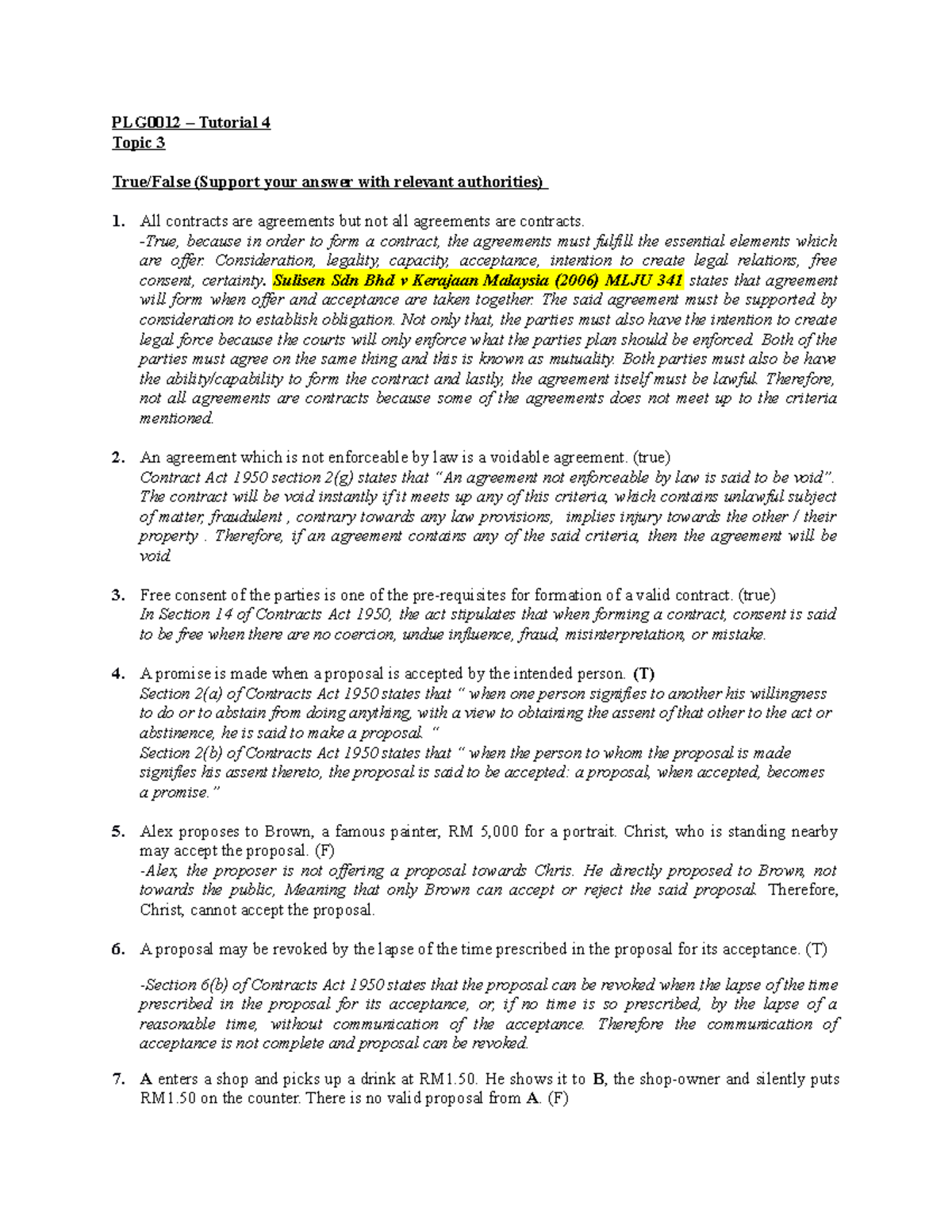 GPOL tut4 - Contracts Law, Offer and Acceptance - General Principles of ...