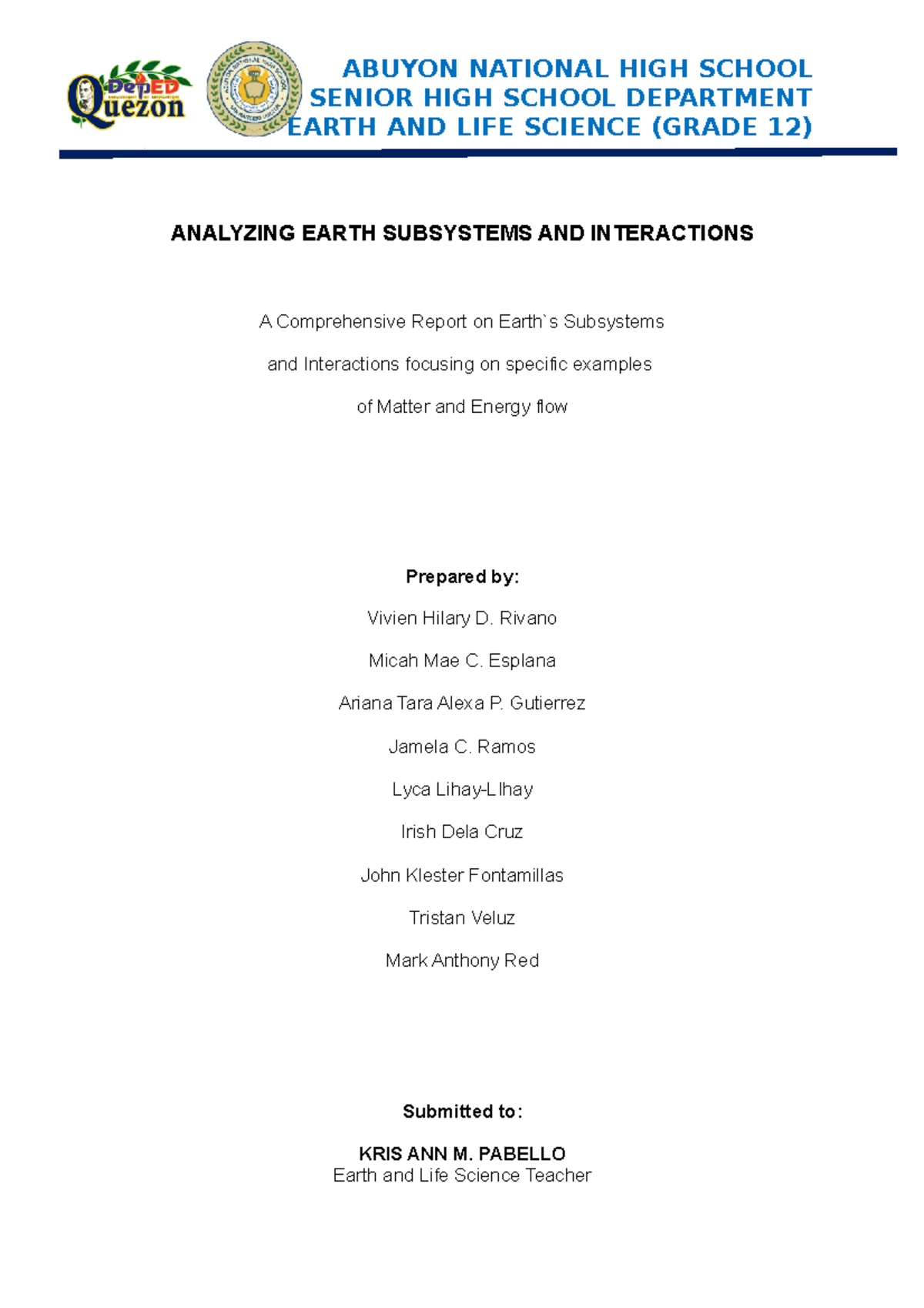 Performance-TASK-NO.1 - SENIOR HIGH SCHOOL DEPARTMENT EARTH AND LIFE ...