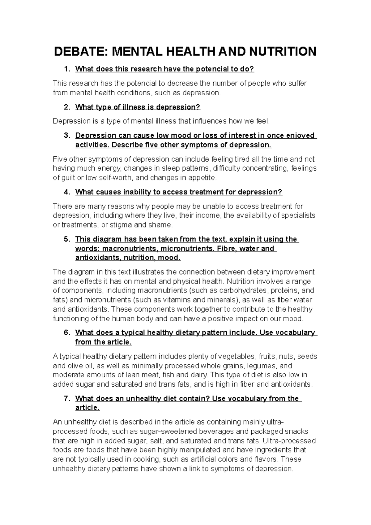 Debate Questions. Mental Health AND Nutrition - DEBATE: MENTAL HEALTH ...