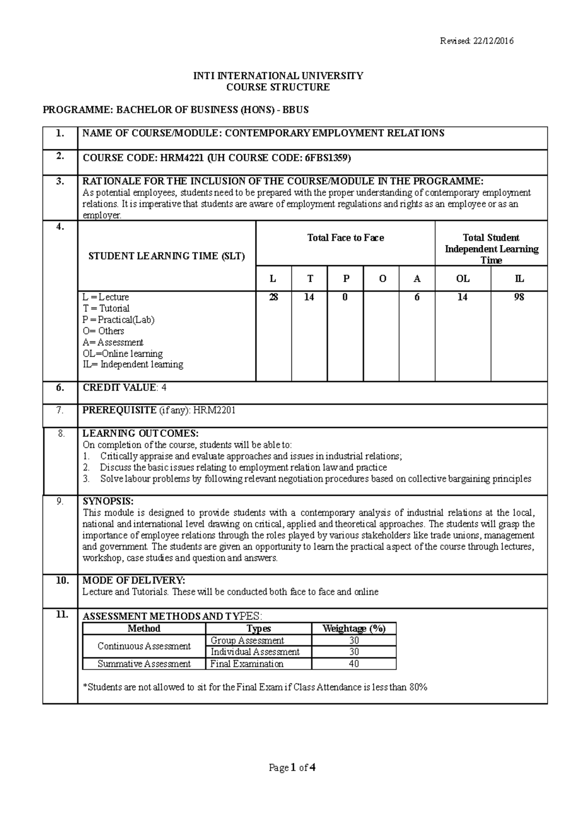 Course structure HRM 4221 - INTI INTERNATIONAL UNIVERSITY COURSE ...