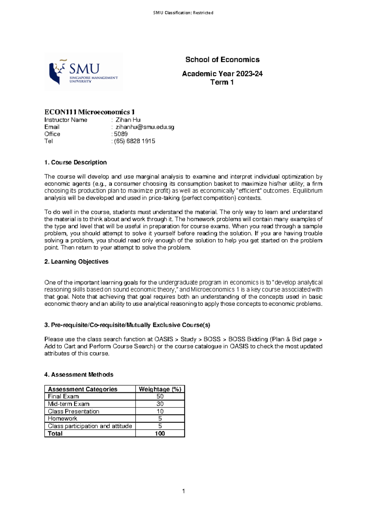 ECON111 Course Outline - 1 SMU Classification: Restricted ECON111 ...