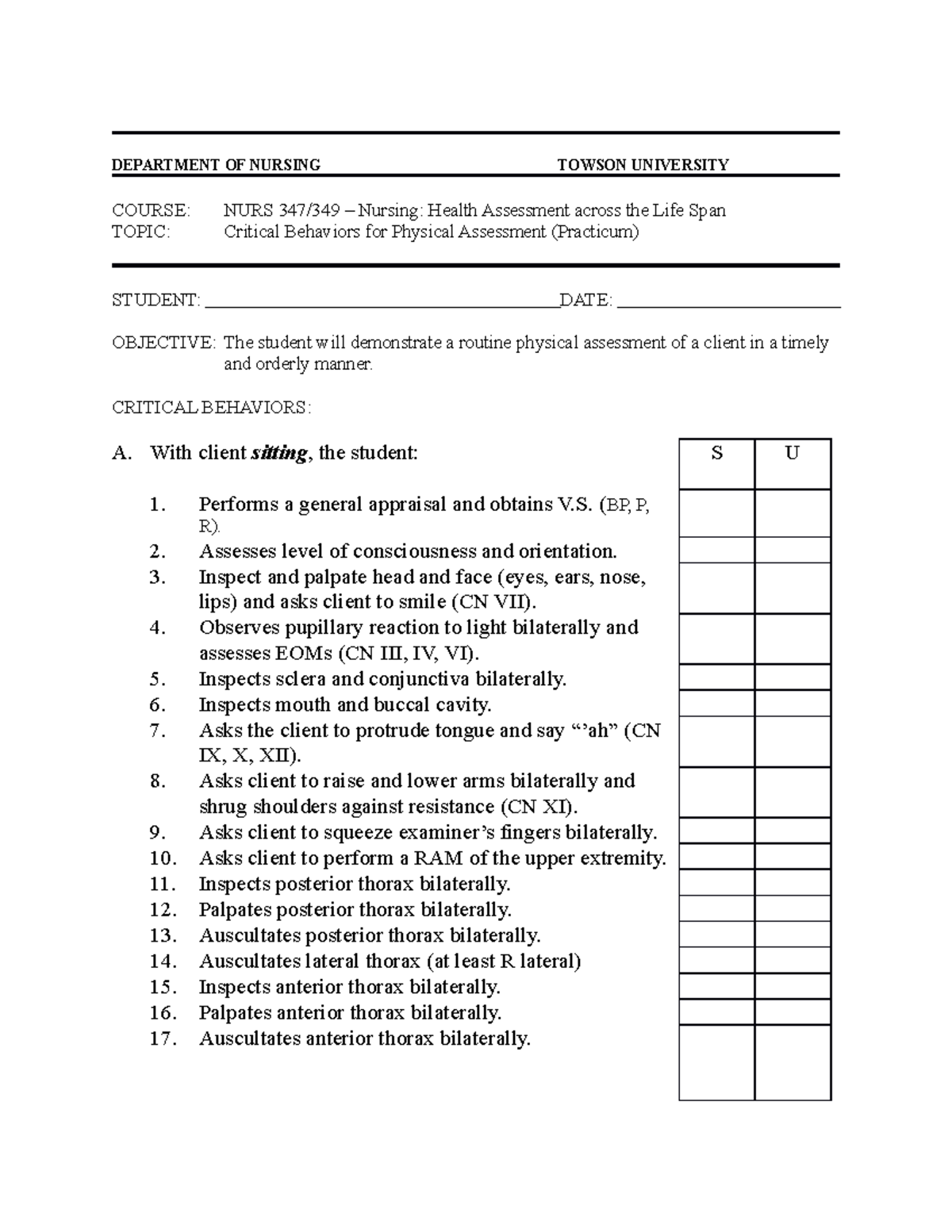 NURS 347 - 349 Critical Behaviors Checklist - DEPARTMENT OF NURSING ...
