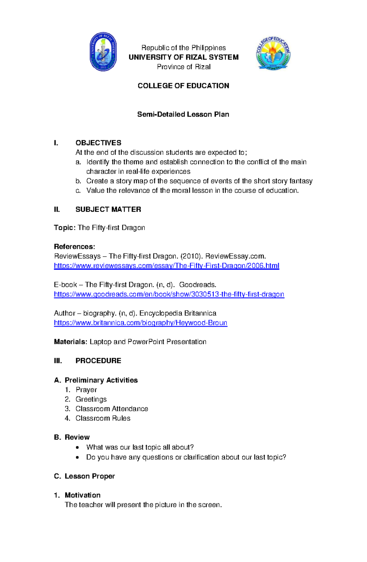 Semi-detailed lesson Plan EL115 - Republic of the Philippines ...