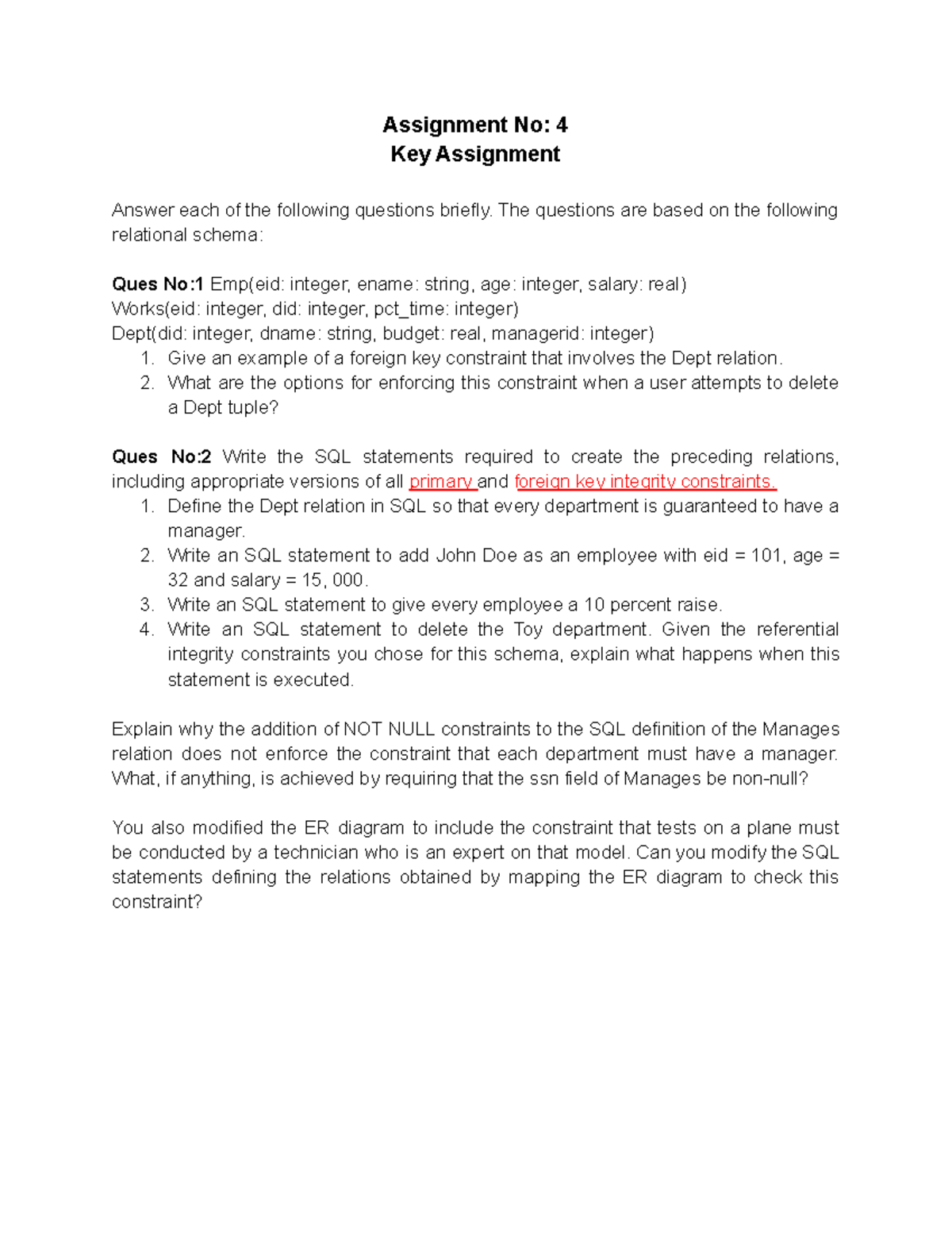 DBMS Question Set for practice - Assignment No: 4 Key Assignment Answer ...