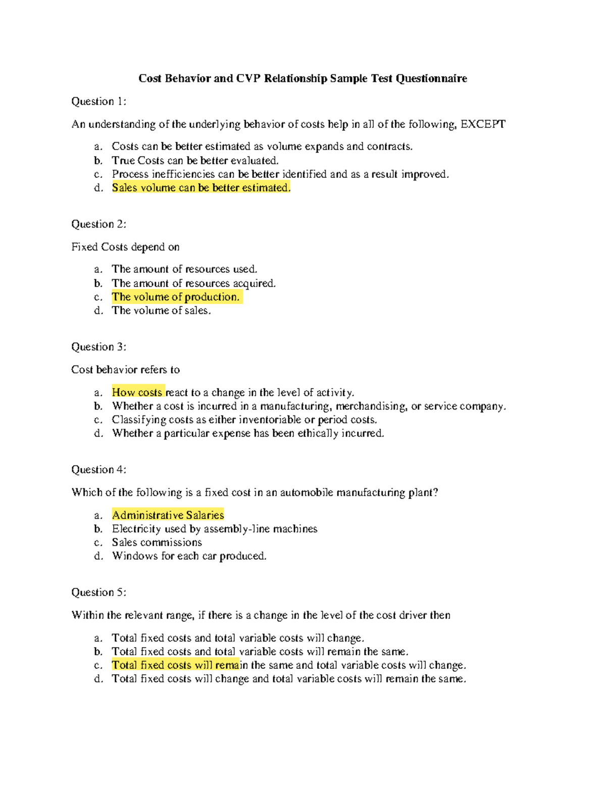 Sample Questionnaire Cost Behavior CVP Relationship - Cost Behavior and ...