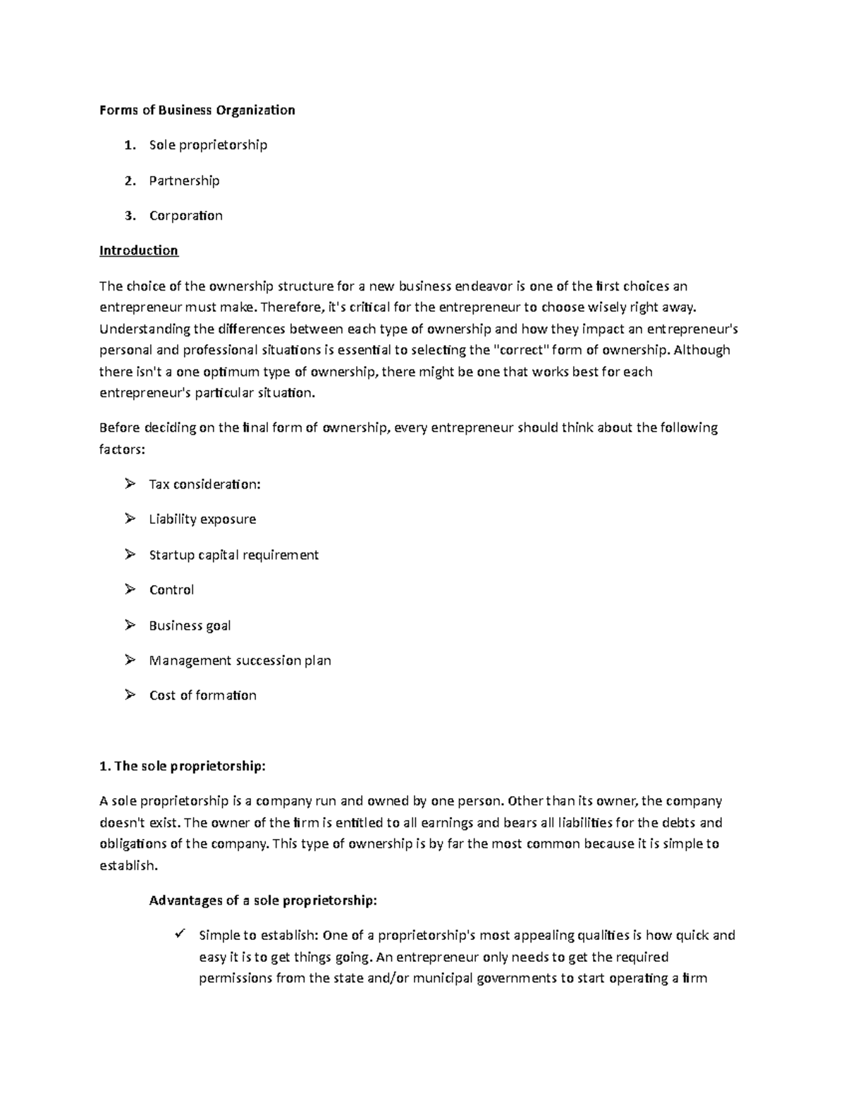 Forms of Business Organization - Forms of Business Organization Sole ...