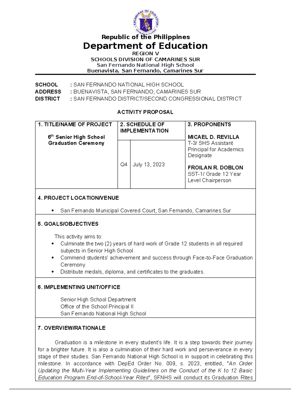 Activity-Proposal-Graduation - Department of Education REGION V SCHOOLS ...