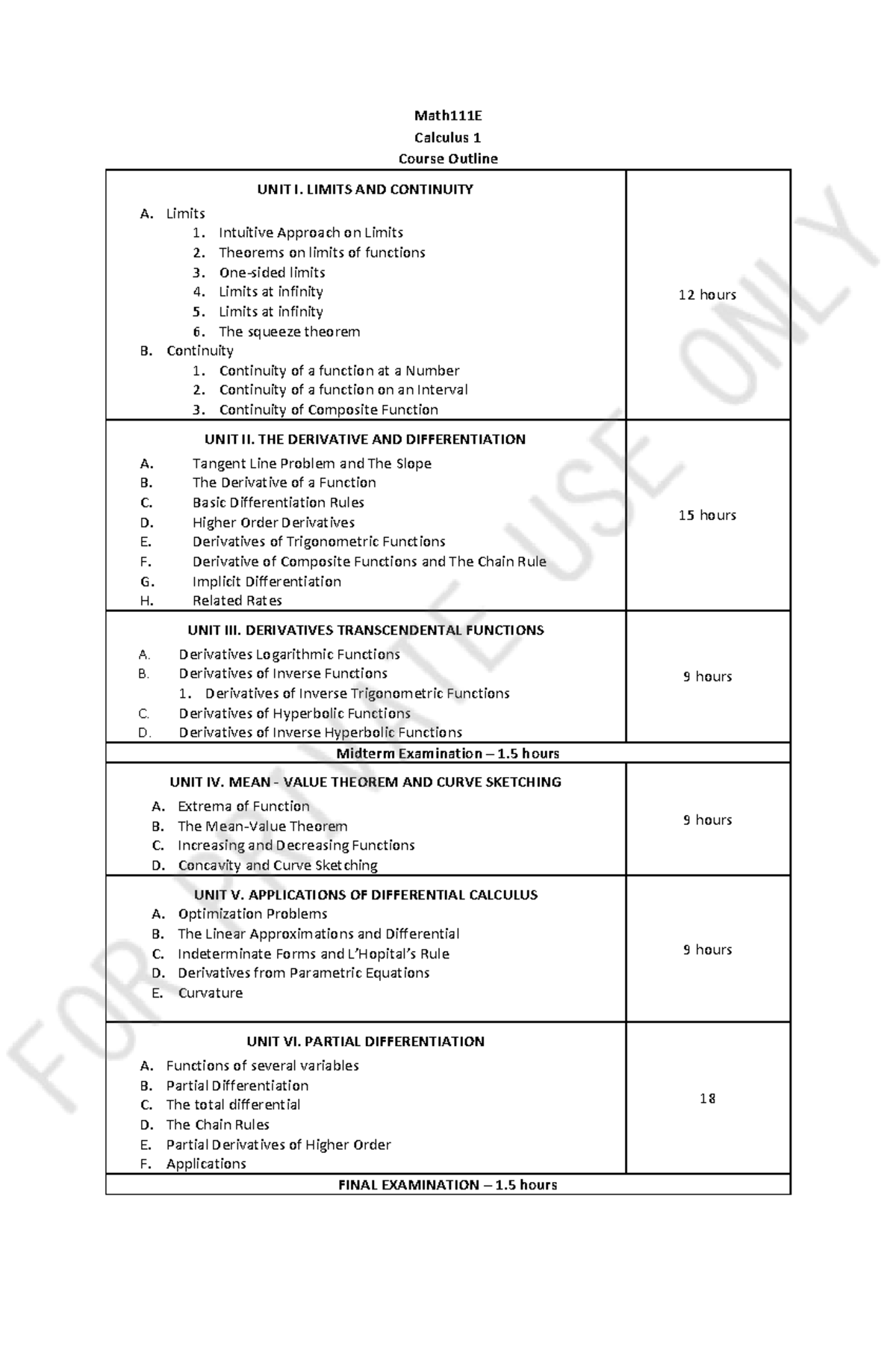 Math111E Course Outline 2021 - 2022 - Math111E Calculus 1 Course ...
