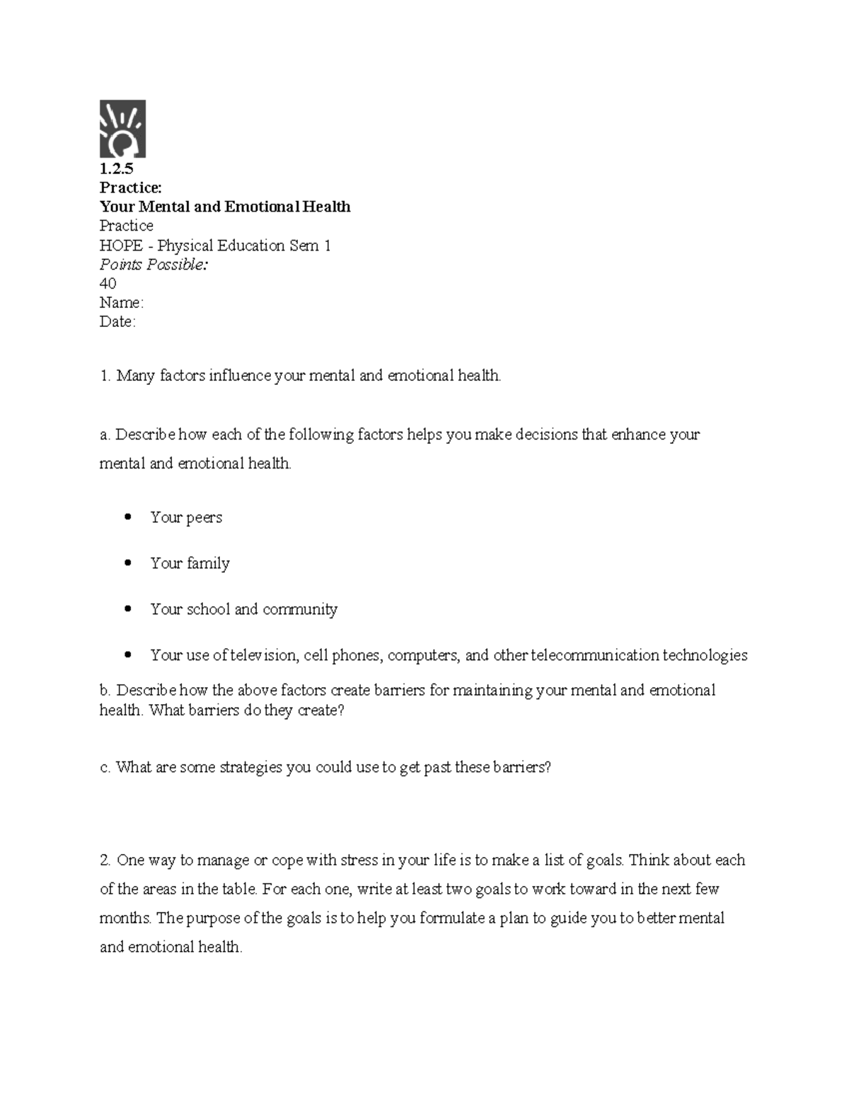 Tutorial work for mental health and physical health - 1. Practice: Your ...