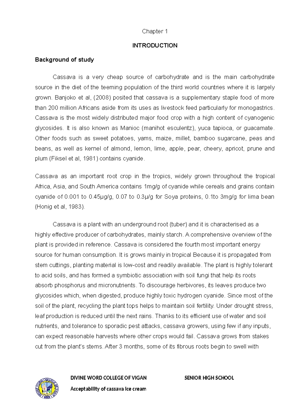 Chapter-123 - practice purposes - Chapter 1 INTRODUCTION Background of study Cassava is a very ...