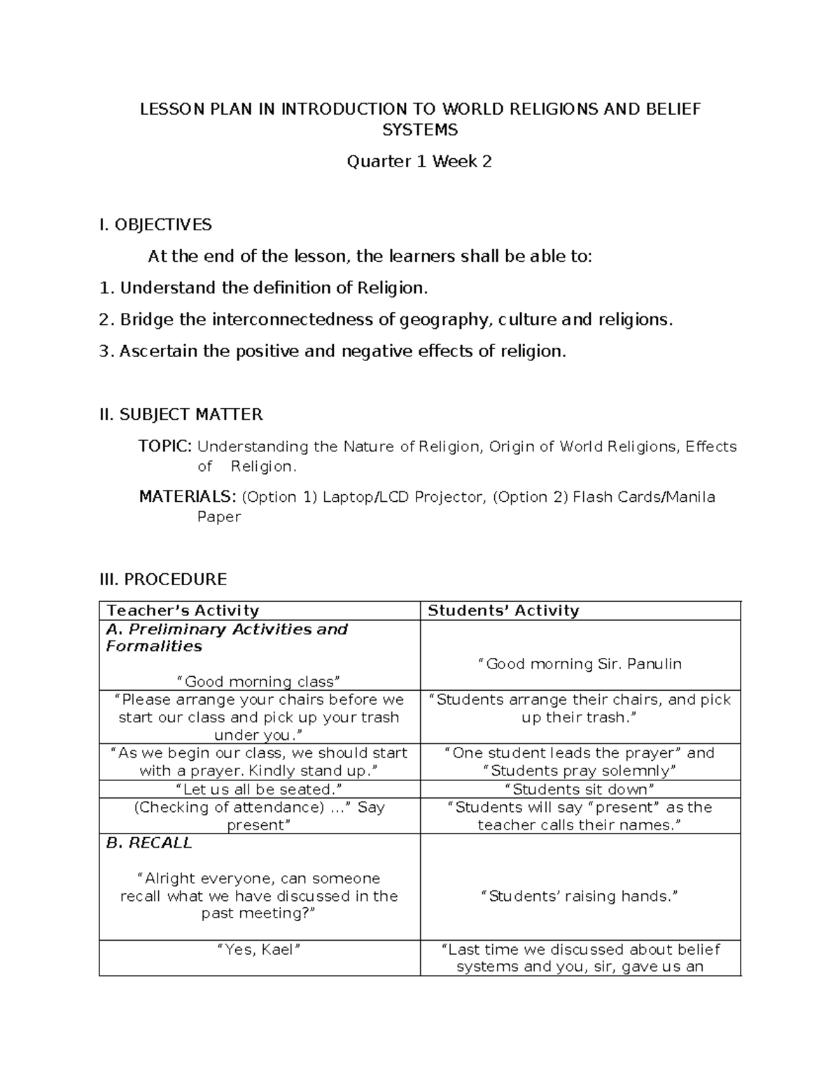 Lesson PLAN IN Introduction TO World Religions AND Belief Systems ...