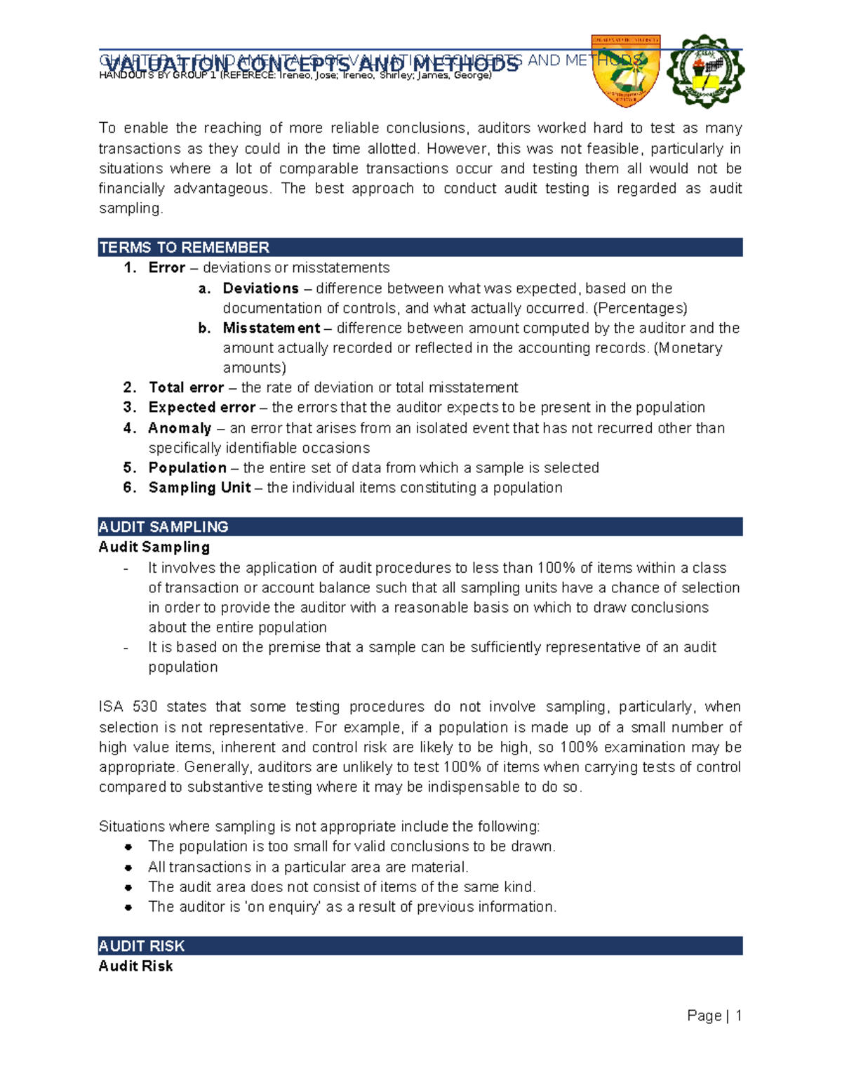 Audit Sampling - To enable the reaching of more reliable conclusions ...