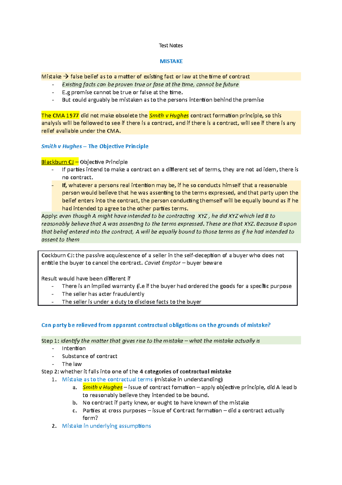 Test Notes - Test Notes MISTAKE Mistake false belief as to a mater of ...