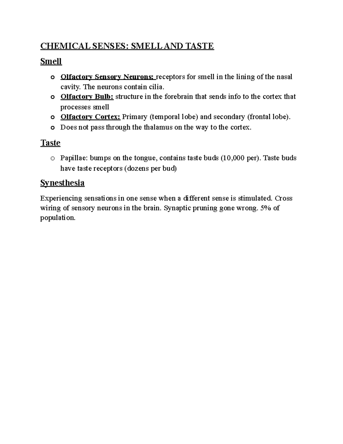 Chemical senses - Lecture notes 17 - CHEMICAL SENSES: SMELL AND TASTE ...