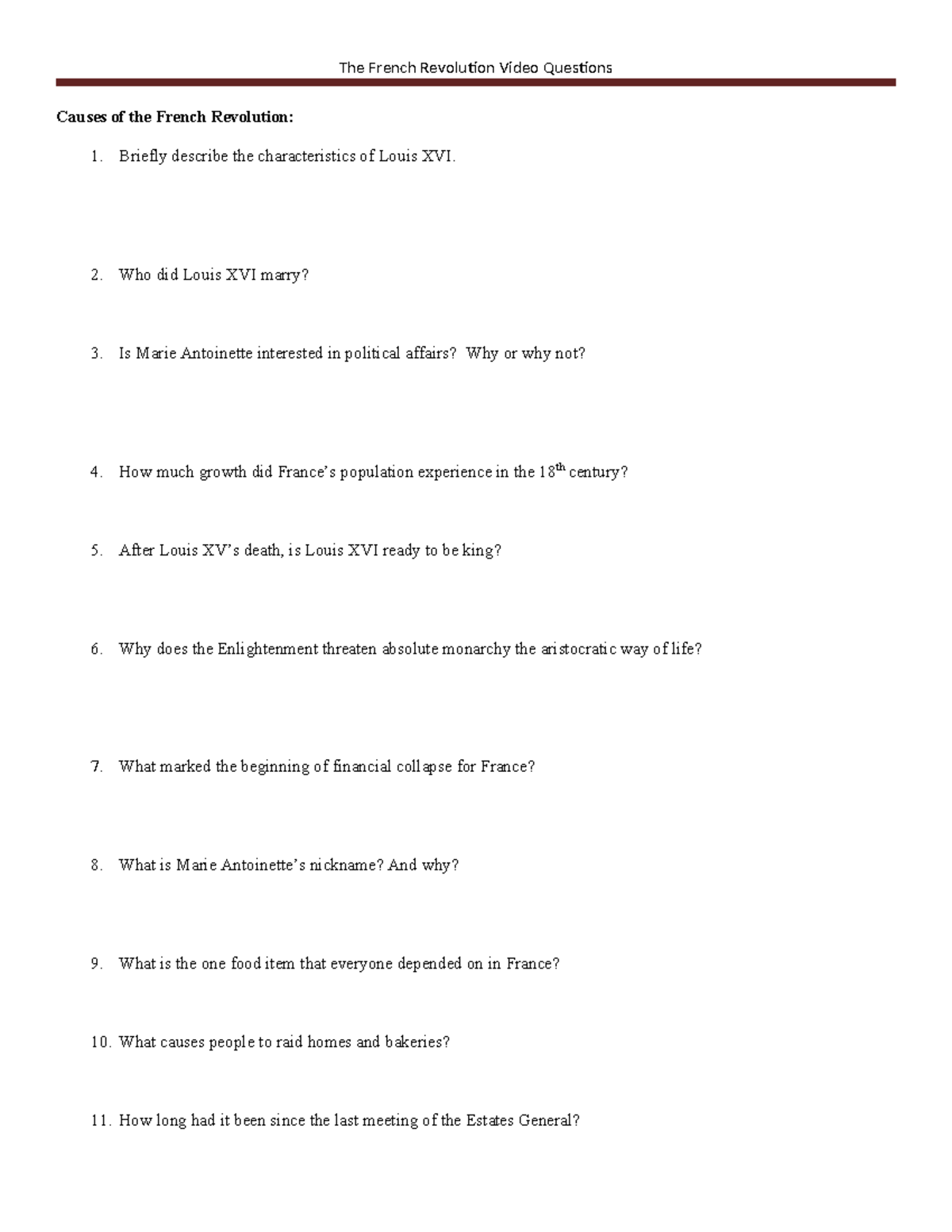 The French Revolution Video Questions - Causes of the French Revolution ...