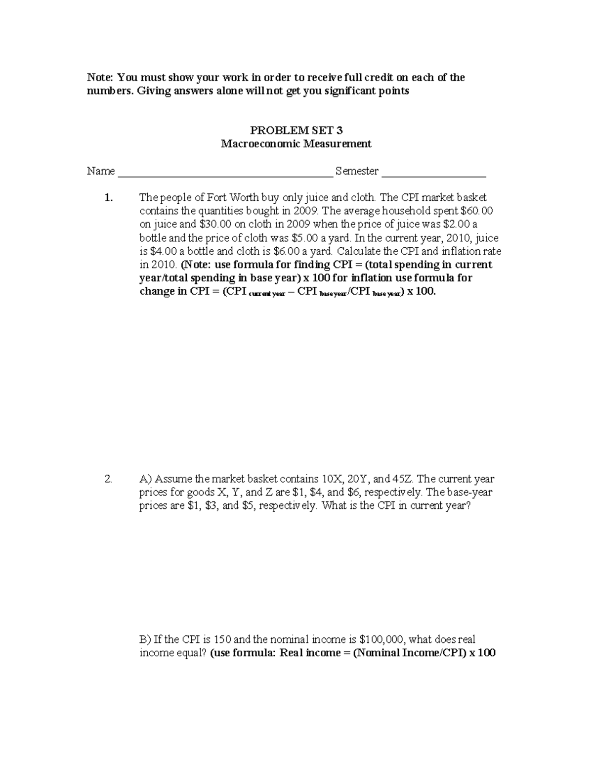 2301 Problem set 3 - Note: You must show your work in order to receive ...