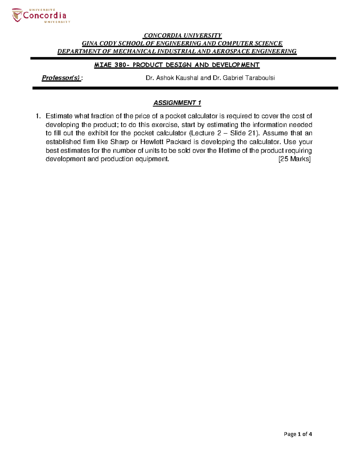 Assignment 1 Sept. 2022 - CONCORDIA UNIVERSITY GINA CODY SCHOOL OF ENGINEERING AND COMPUTER ...