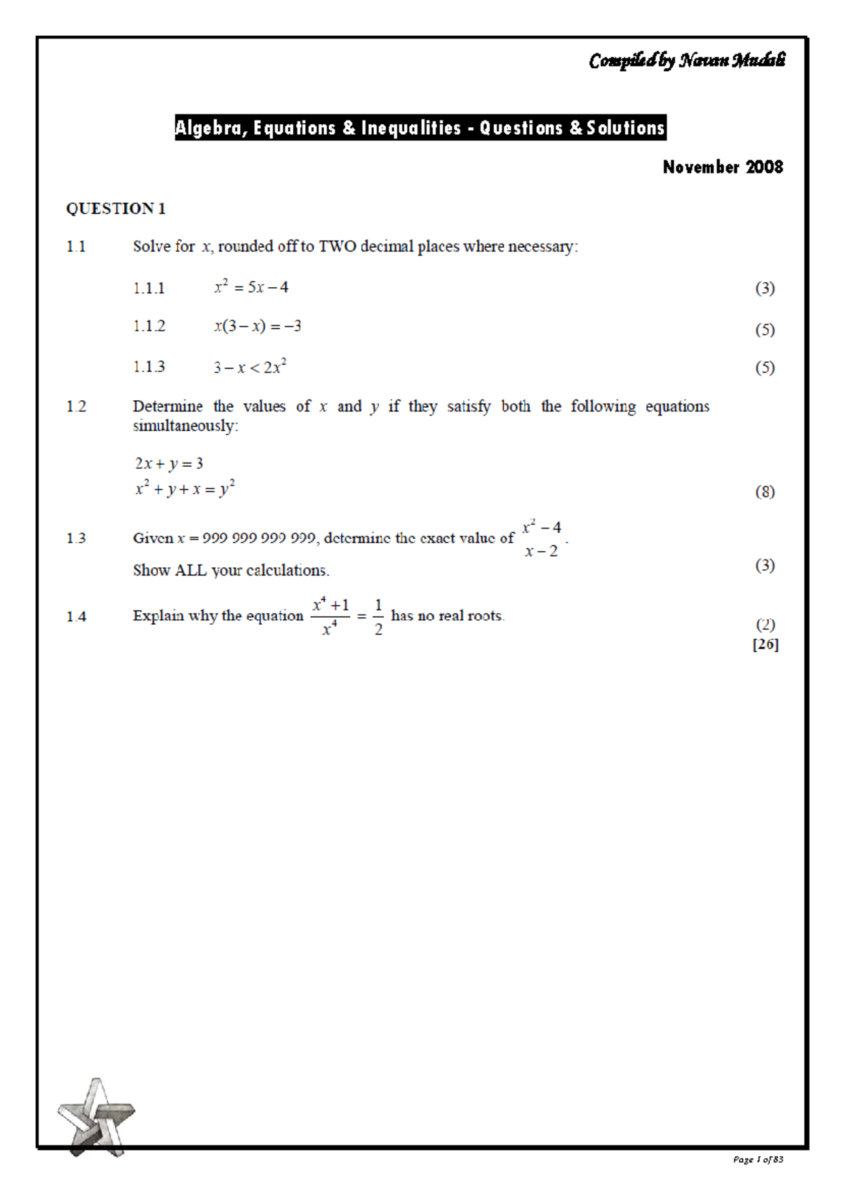 Algebra questions and answers pdf - Algebra, Equations & Inequalities ...