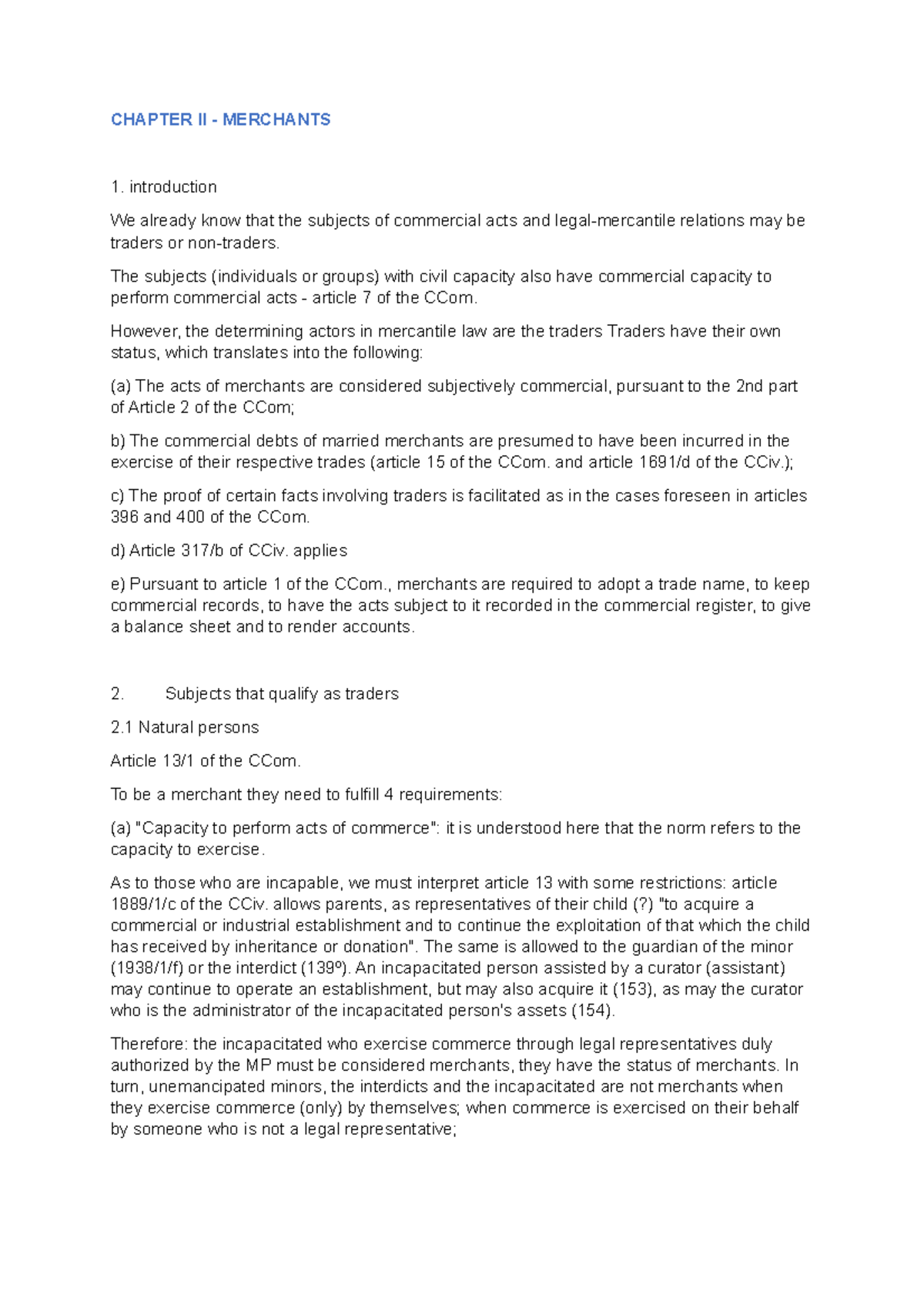 Chapter II 3 - COMMERCIAL LAW II - CHAPTER II - MERCHANTS introduction ...