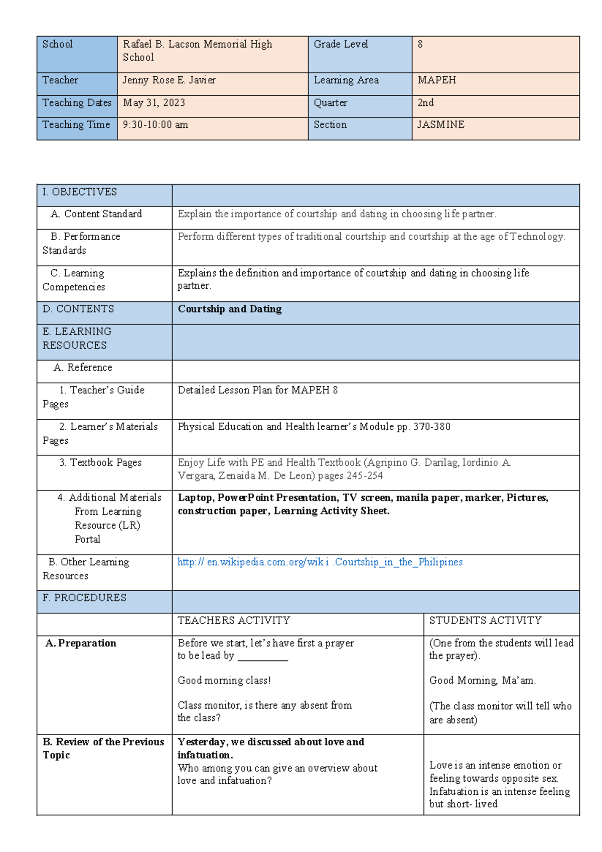 Lessonplan-Health-Q2 - School Rafael B. Lacson Memorial High School ...