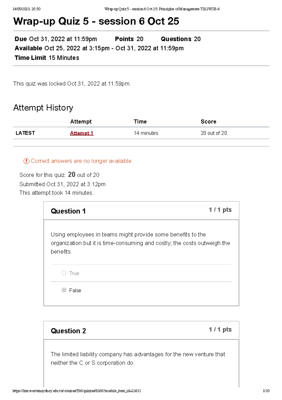 Wrap-up Quiz 5 - Session 6 Principles of Management - Wrap-up Quiz 5 - session 6 Oct 25 Due Oct ...