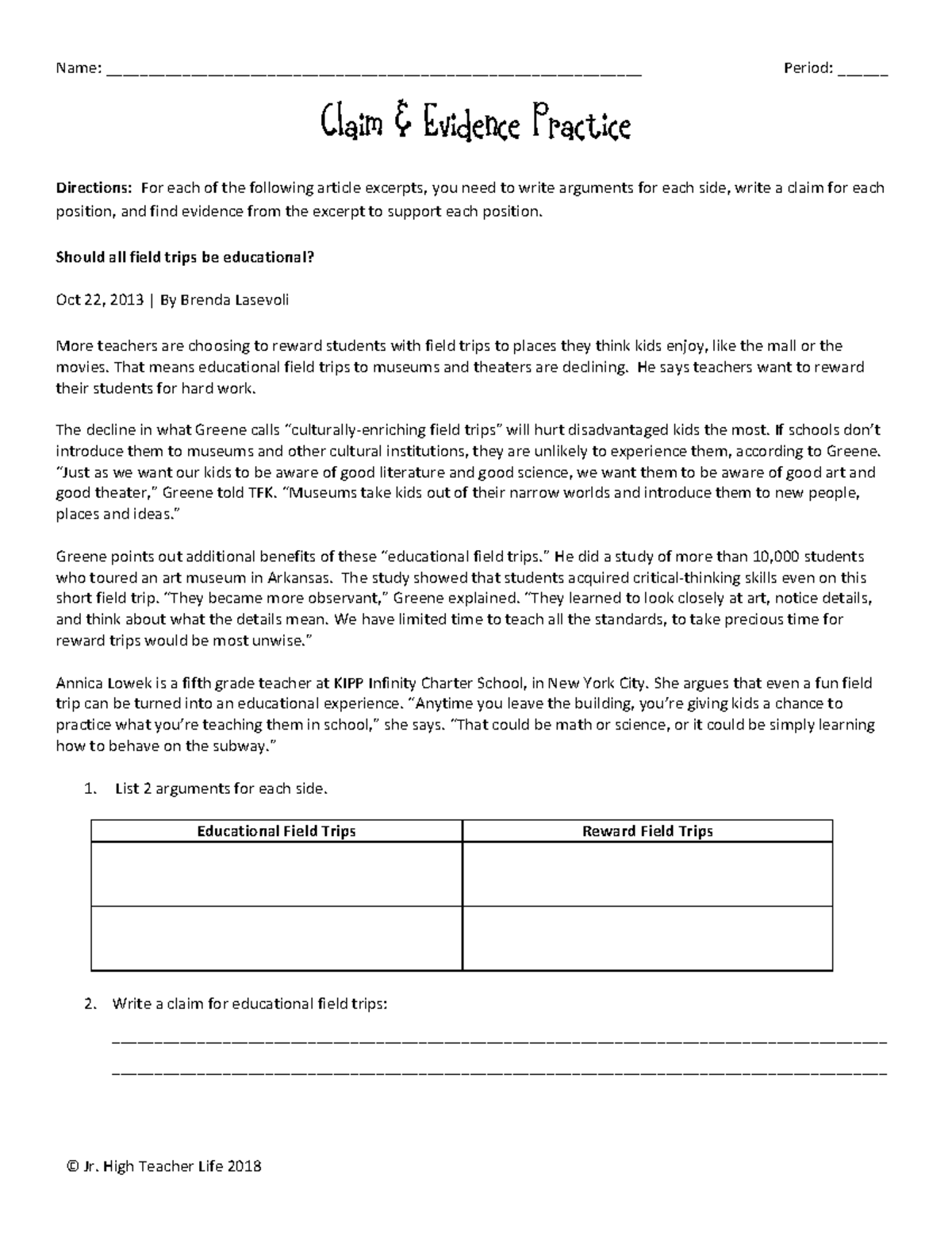 Claimand Evidence Identification Practice-1 - © Jr. High Teacher Life ...