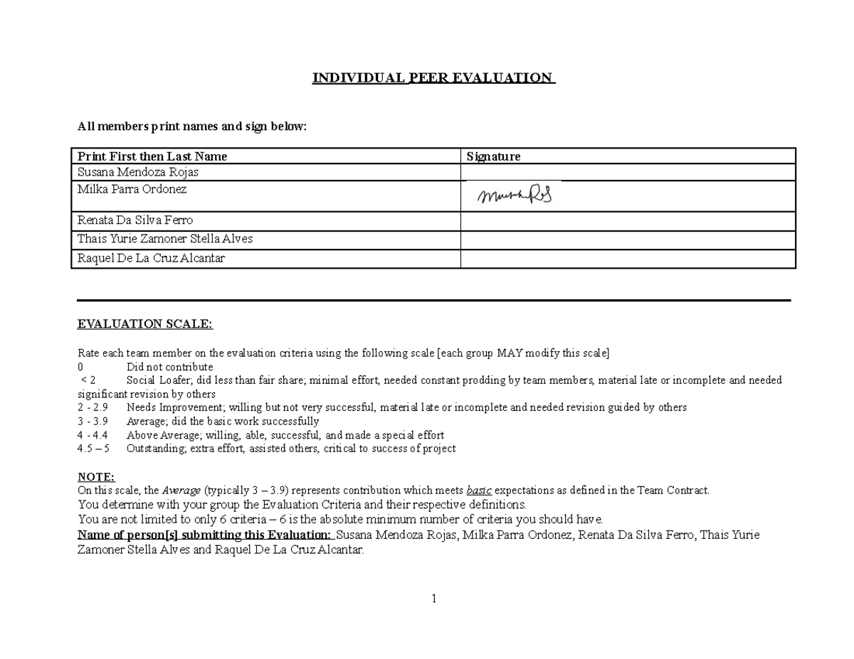 Individual Peer Evaluation - INDIVIDUAL PEER EVALUATION All members ...