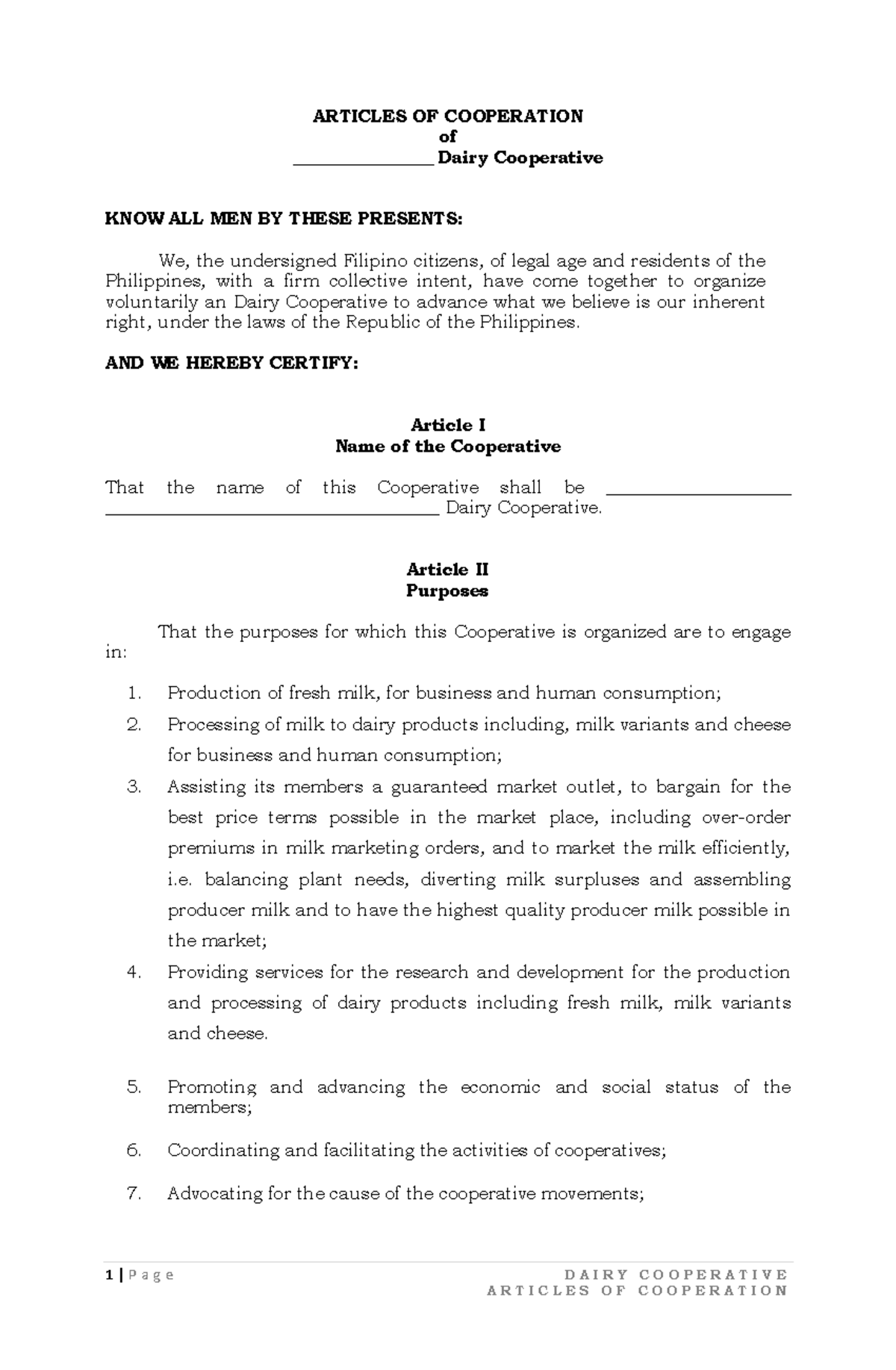 Dairy Articles OF Cooperation - 1 | P a g e D A I R Y C O O P E R A T I ...