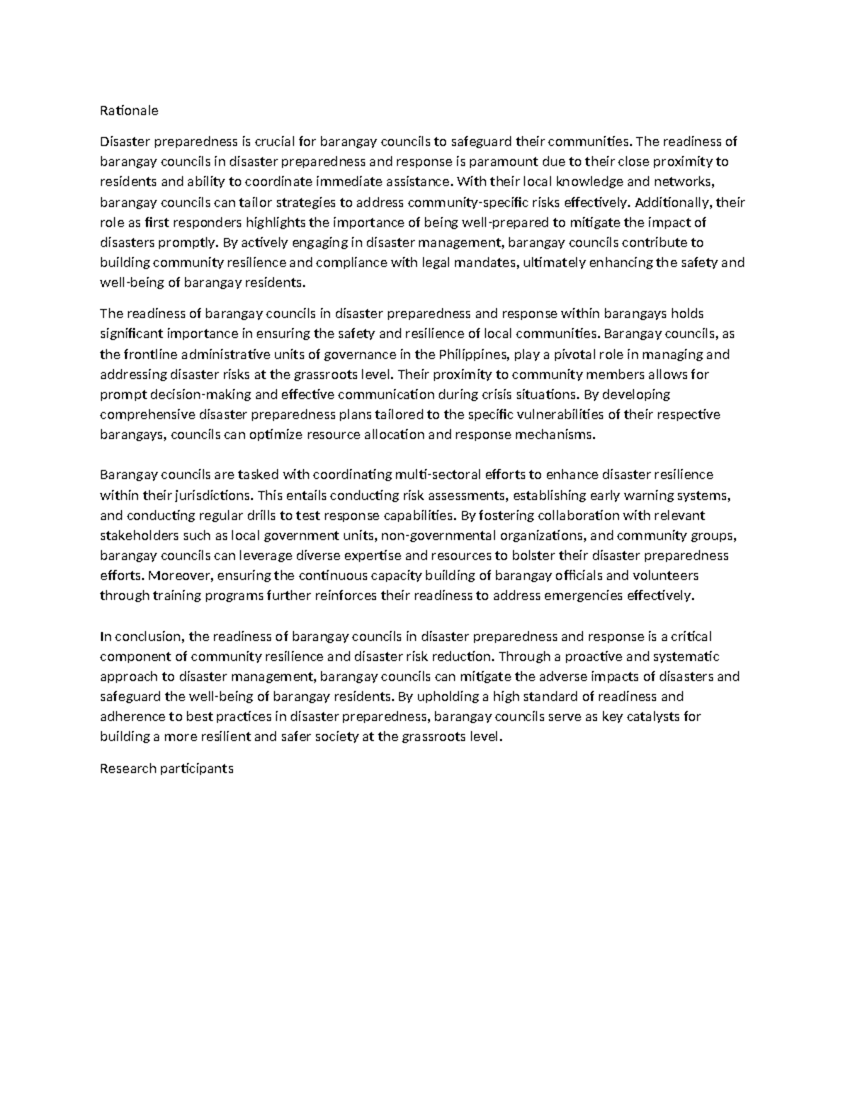 rationale of the study - Rationale Disaster preparedness is crucial for ...