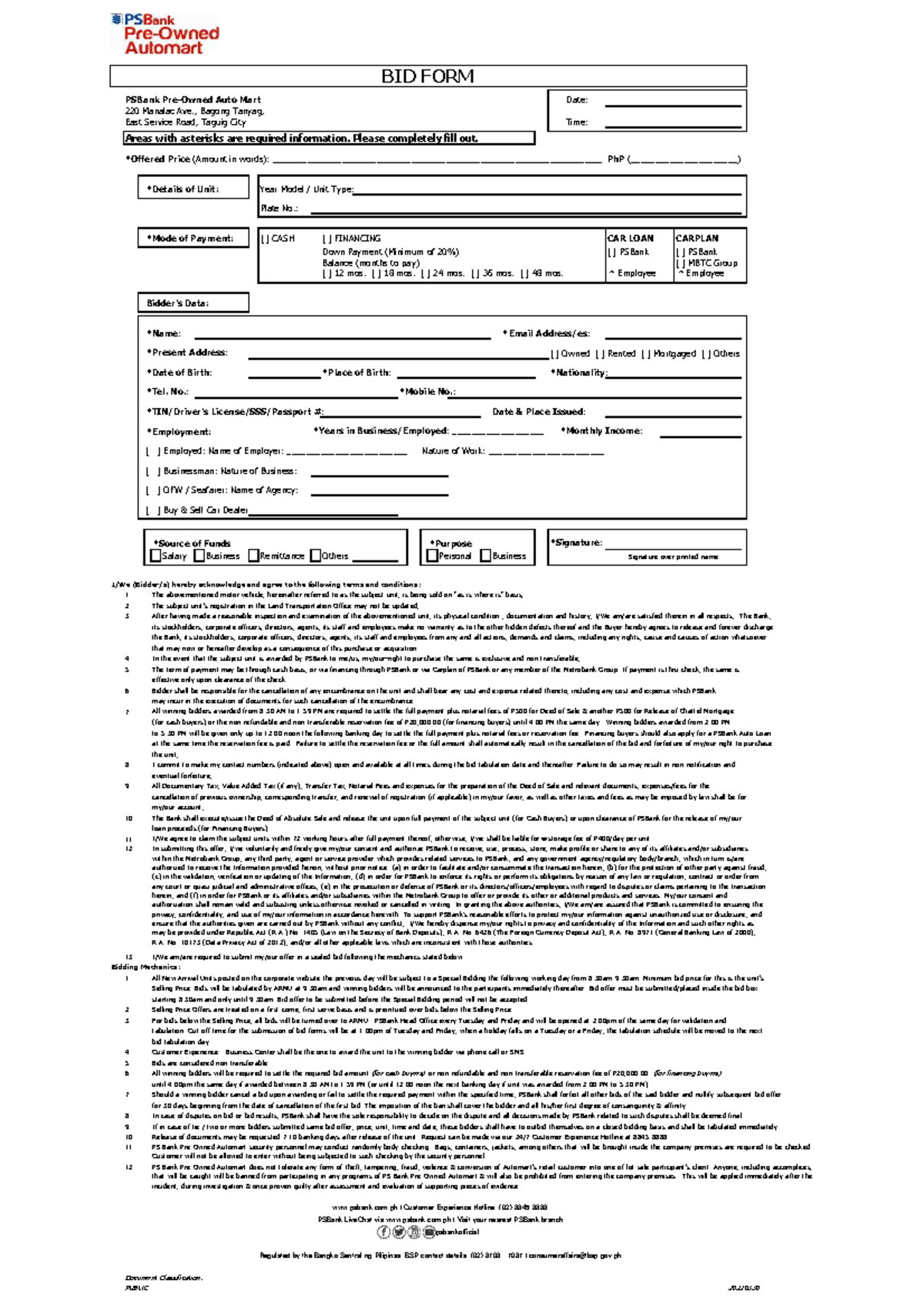 Bid-form 03302022 - INVESTIGATION - PSBank Pre-Owned Auto Mart Date ...