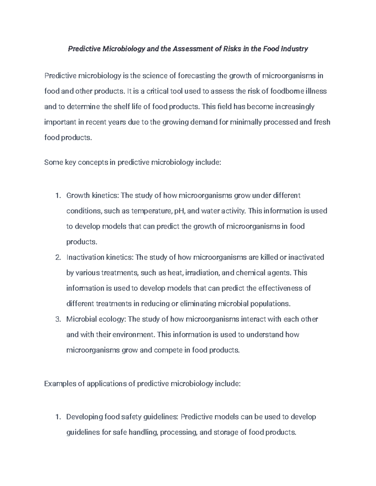 Notes on Predictive Microbiology and the Assessment of Risks in the ...