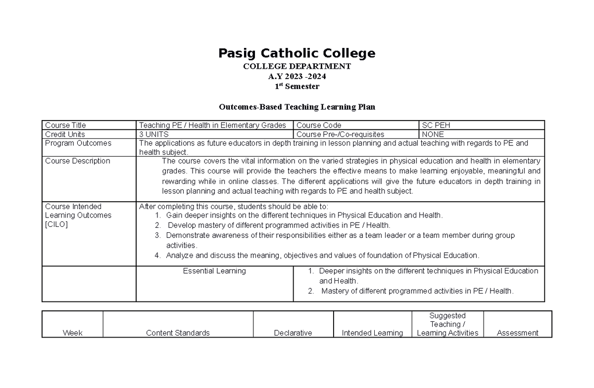 0BE- Syllabus-PE-AND- Heath-IN- Elementary-1 - Pasig Catholic College ...