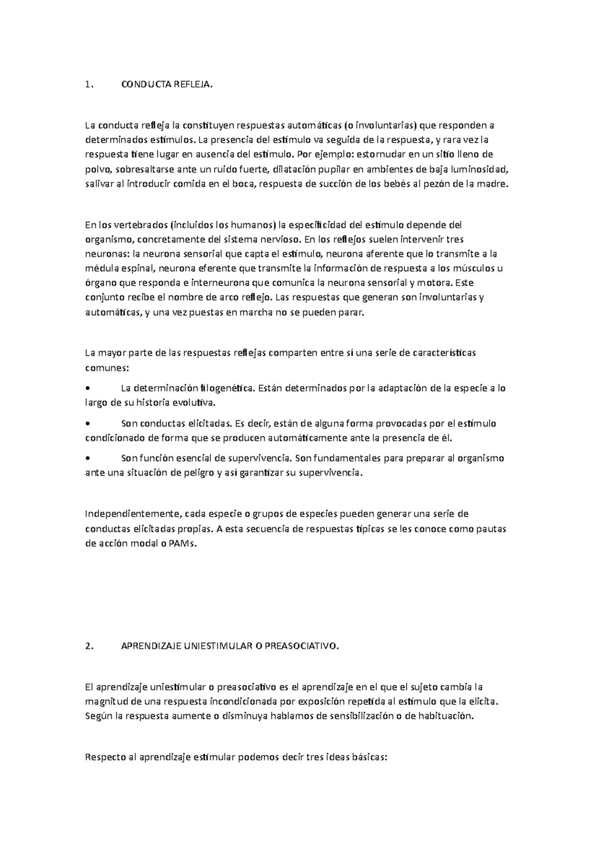 Apuntess - apuntes - 1. CONDUCTA REFLEJA. La conducta refleja la ...