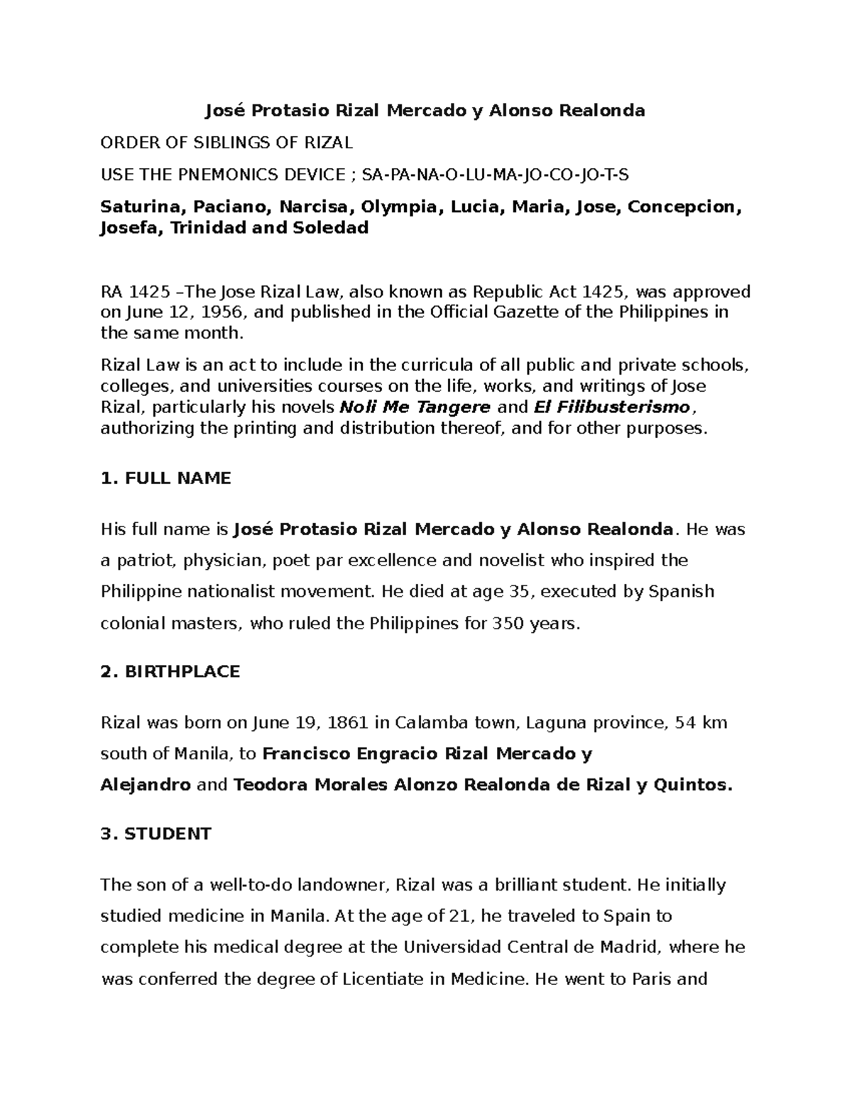 Rizal- Important Facts - José Protasio Rizal Mercado y Alonso Realonda ...