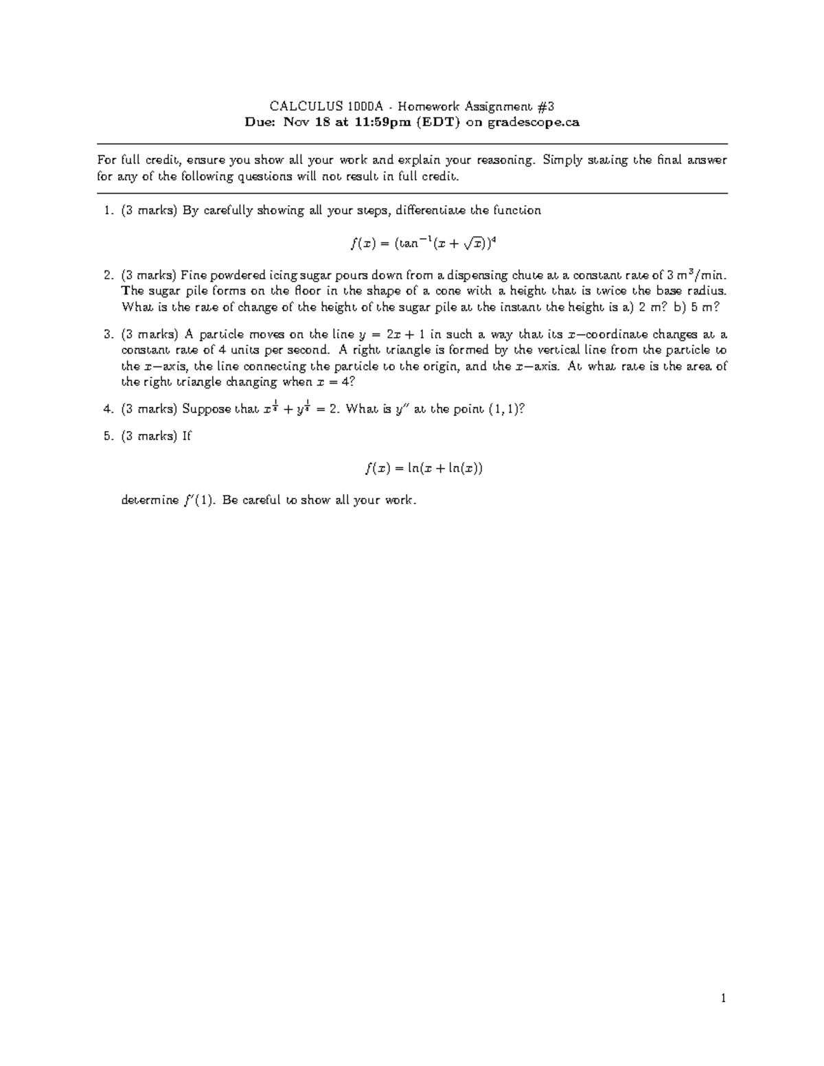 Calcassignment 3FW22 - cal Assignment question - CALCULUS 1000A - Homework Assignment # Due: Nov ...