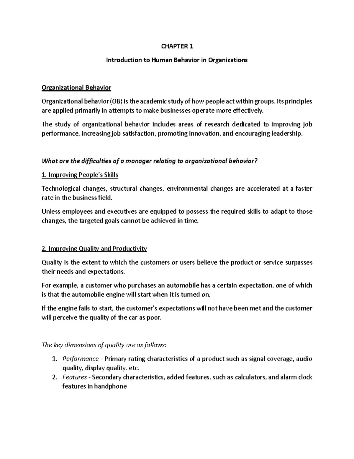 Introduction to Human Behavior in Organizations - CHAPTER 1 ...