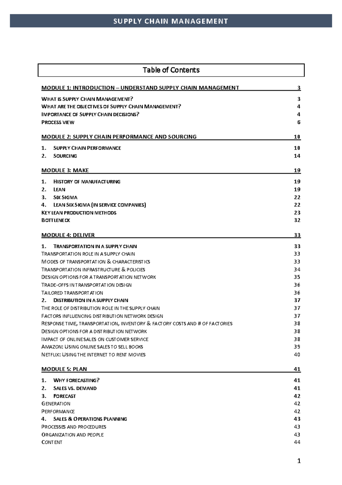 Synthese Supply Chain Notes - Table of Contents MODULE 1: INTRODUCTION ...