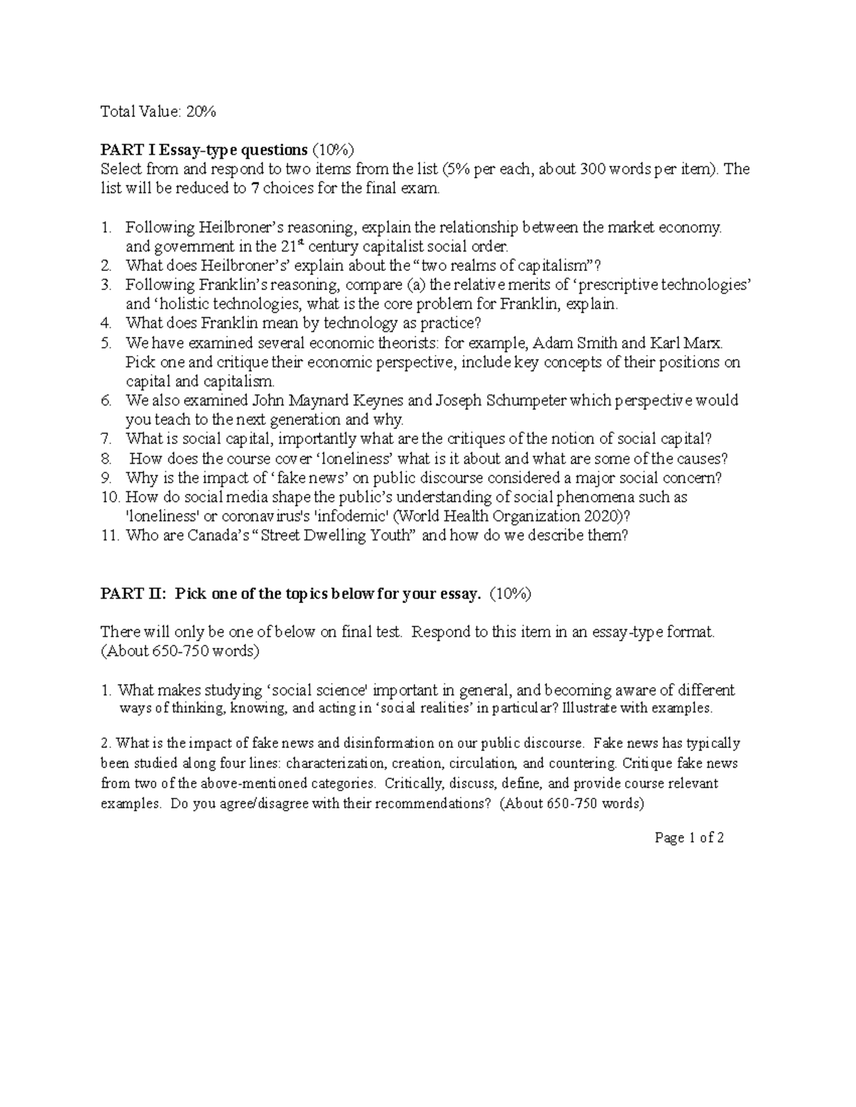 1000 6.0 Final Exam 3 Study Questions - Total Value: 20% PART I Essay ...