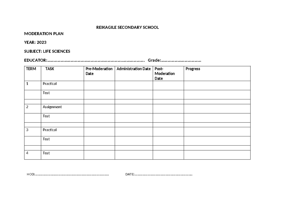 LS Moderation PLAN - note - REIKAGILE SECONDARY SCHOOL MODERATION PLAN ...