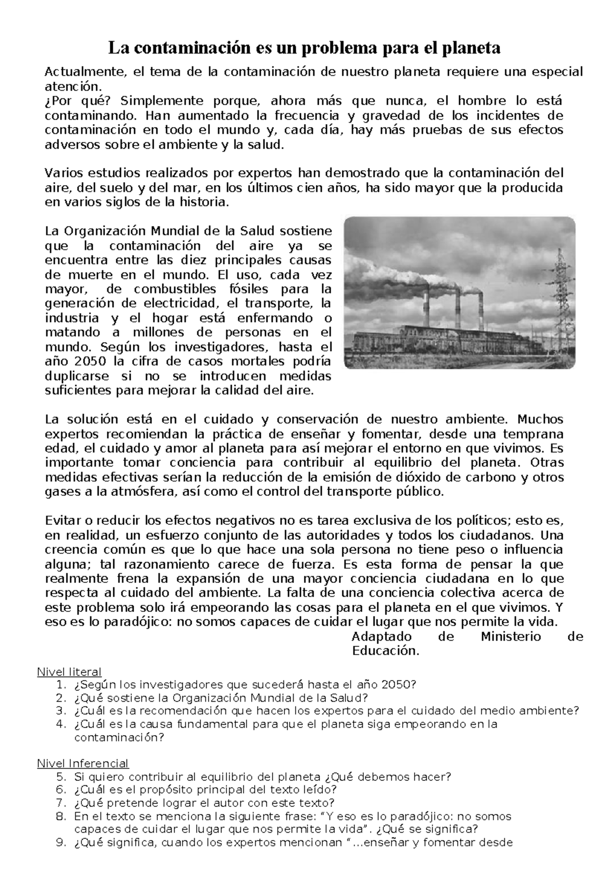 Comprension - LA Contaminacion - La contaminación es un problema para ...