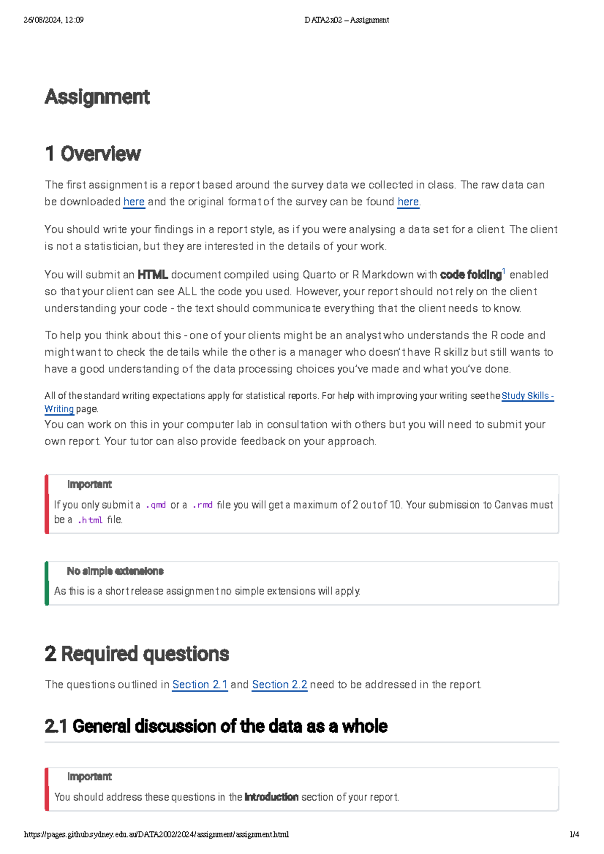 DATA2x02 – Assignment - ASM - 1 Overview The rst assignment is a report based around the survey ...