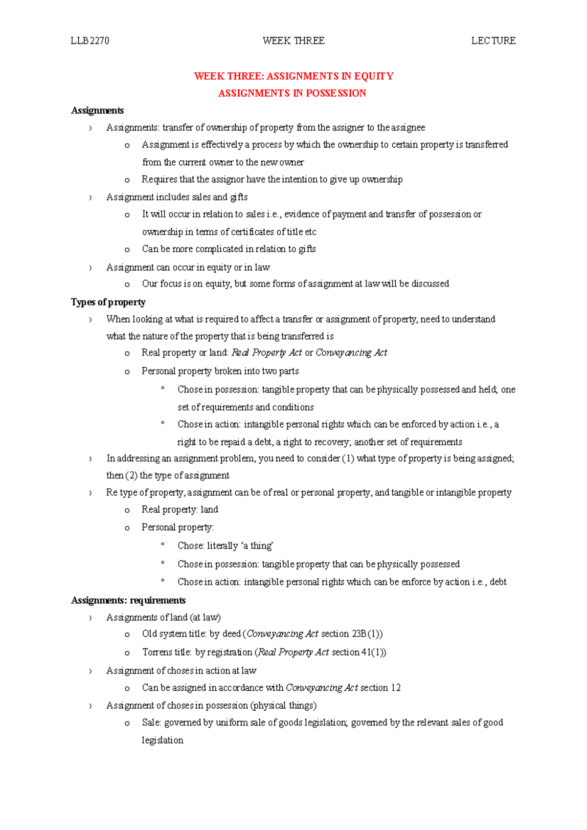 LLB2270 week three lecture - WEEK THREE: ASSIGNMENTS IN EQUITY ...