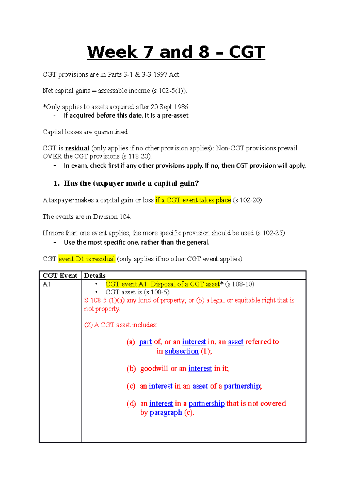 LAWS4221 Week 7 Lecture notes - Week 7 and 8 – CGT CGT provisions are ...