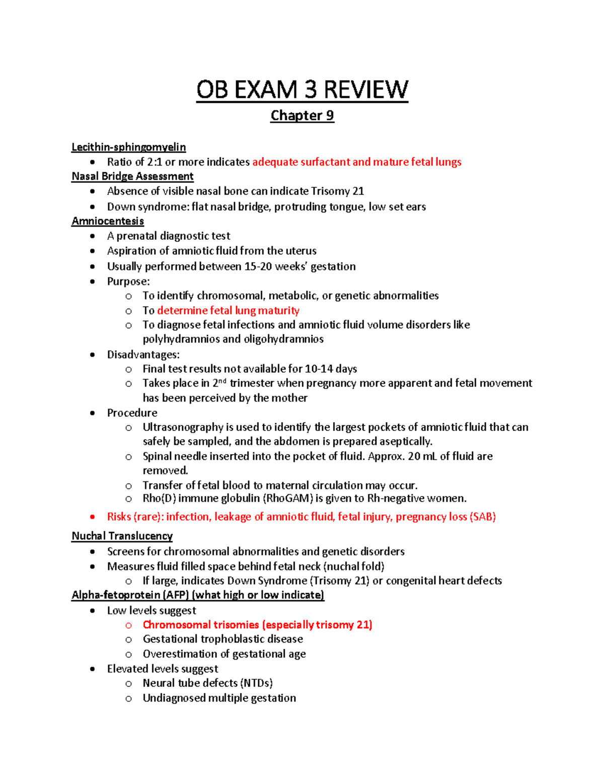 OB EXAM 3 Review - OB EXAM 3 REVIEW Chapter 9 Lecithin-sphingomyelin ...
