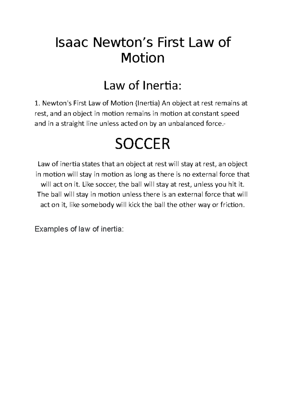 Document - Sheeeesh - Isaac Newton’s First Law of Motion Law of Inertia ...